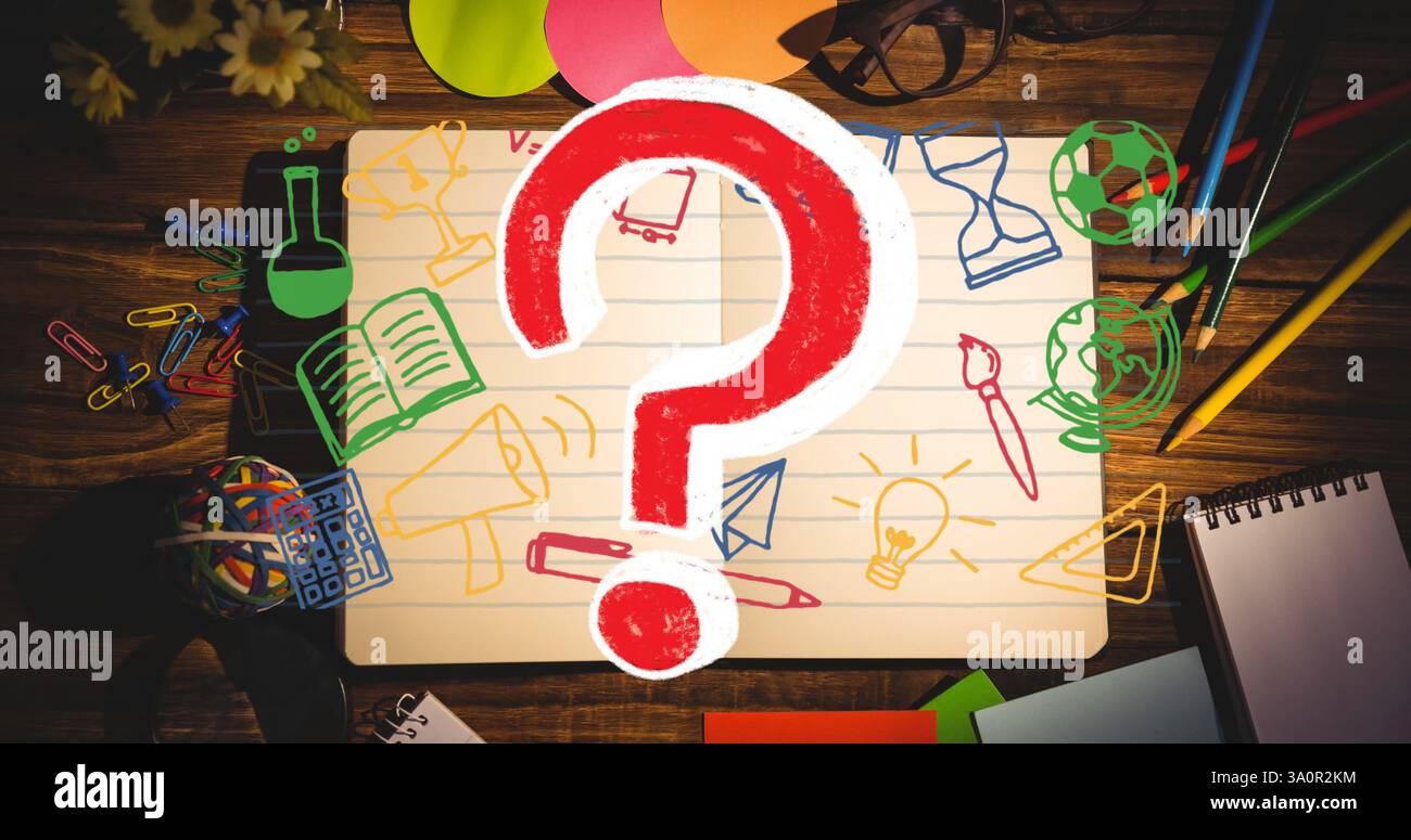 Image of question mark over school items and icons Stock Photo - Alamy