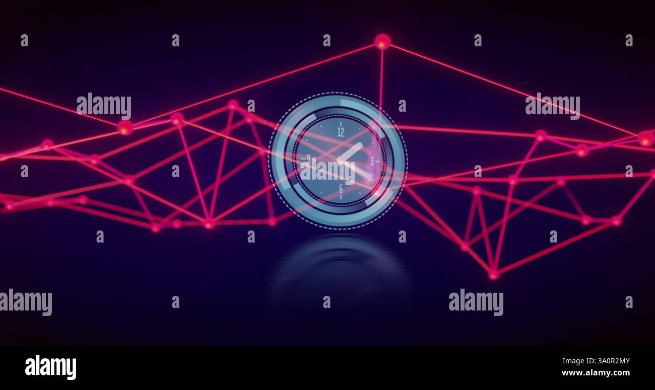 Image of network of connection over clock ticking on black background ...