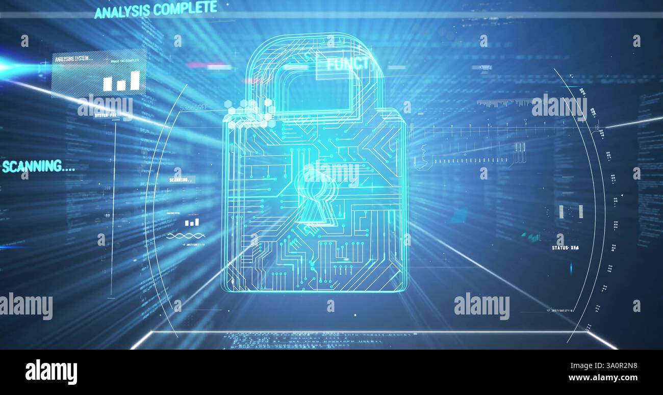 Image of padlock icon with scope scanning and data processing on black background Stock Photo ...
