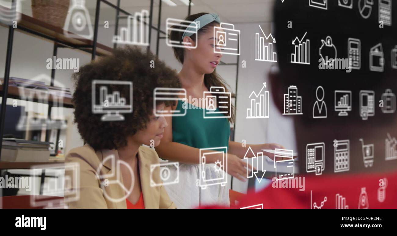 Image of business icons over diverse female colleagues talking in ...