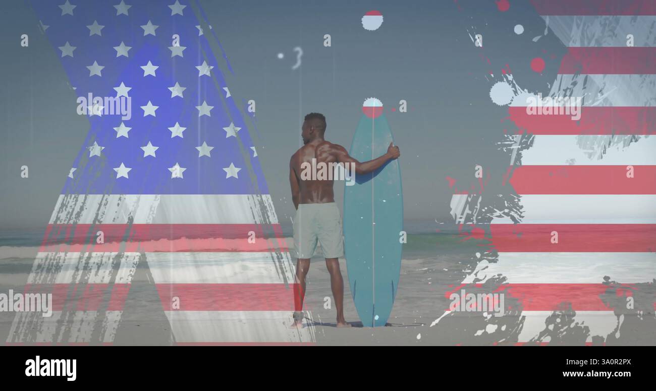 Image of flag of usa over african american man with surfboard on beach ...