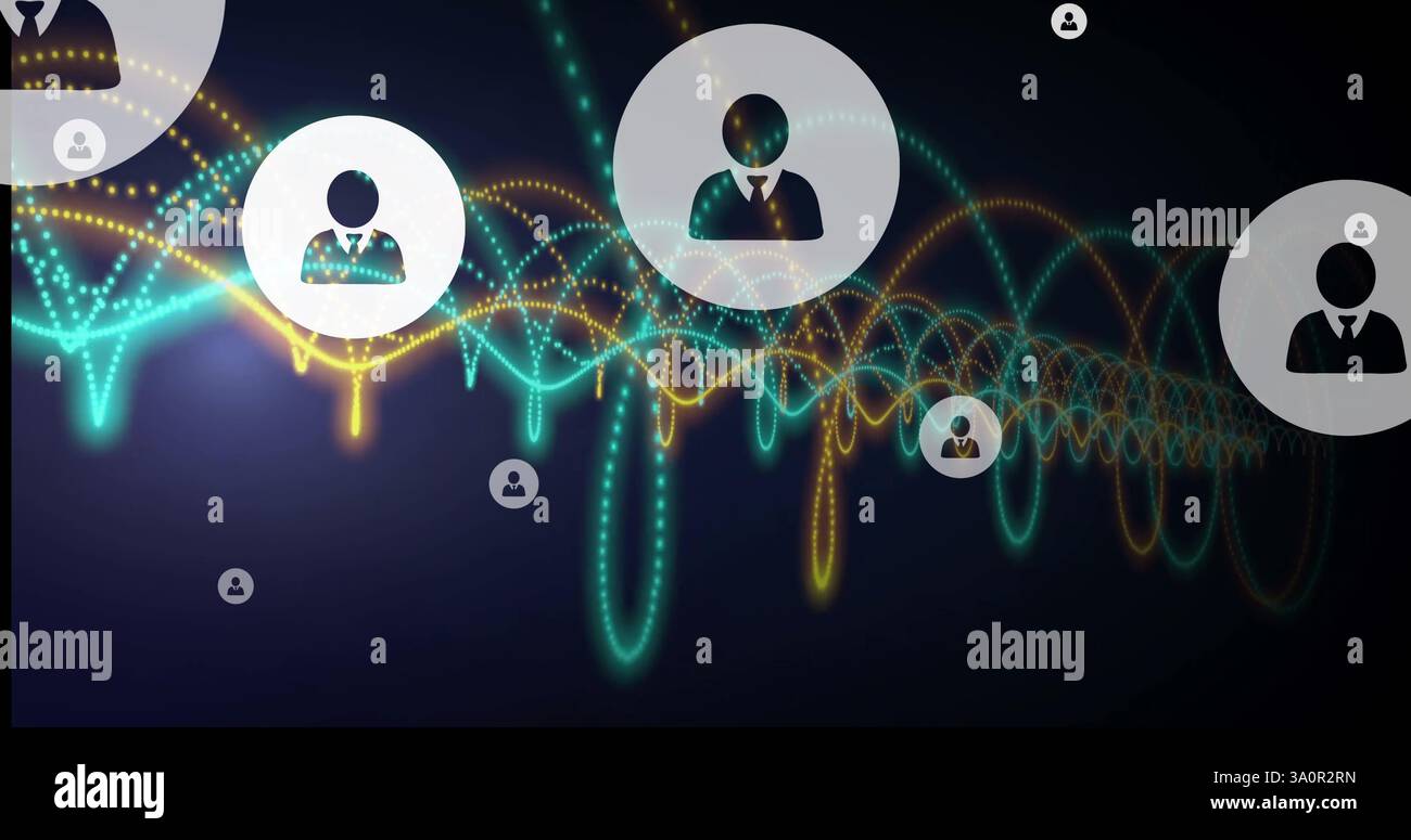 Image of digital data processing over network of people icons on black ...