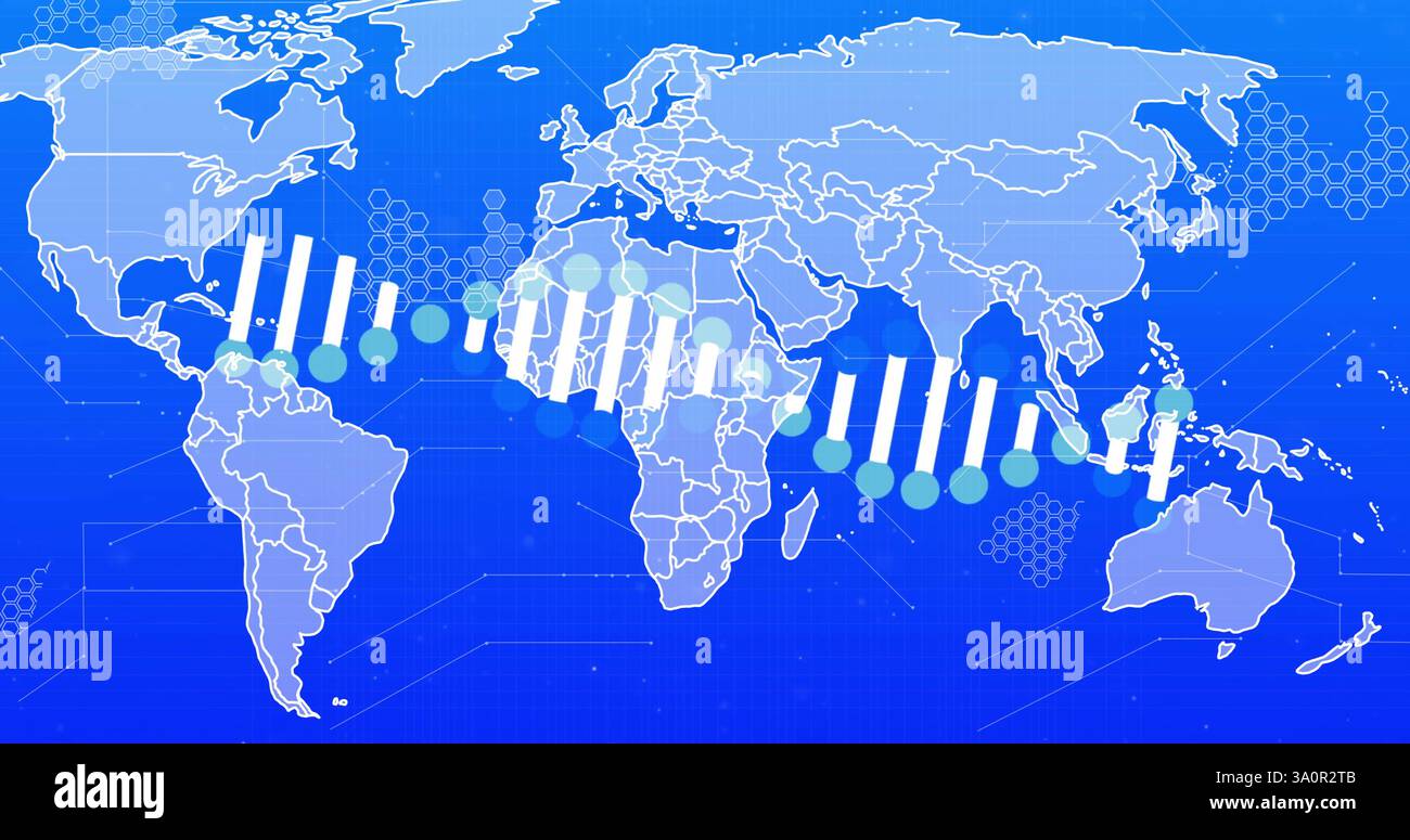 Image of dna strands and shapes moving over world map Stock Photo - Alamy