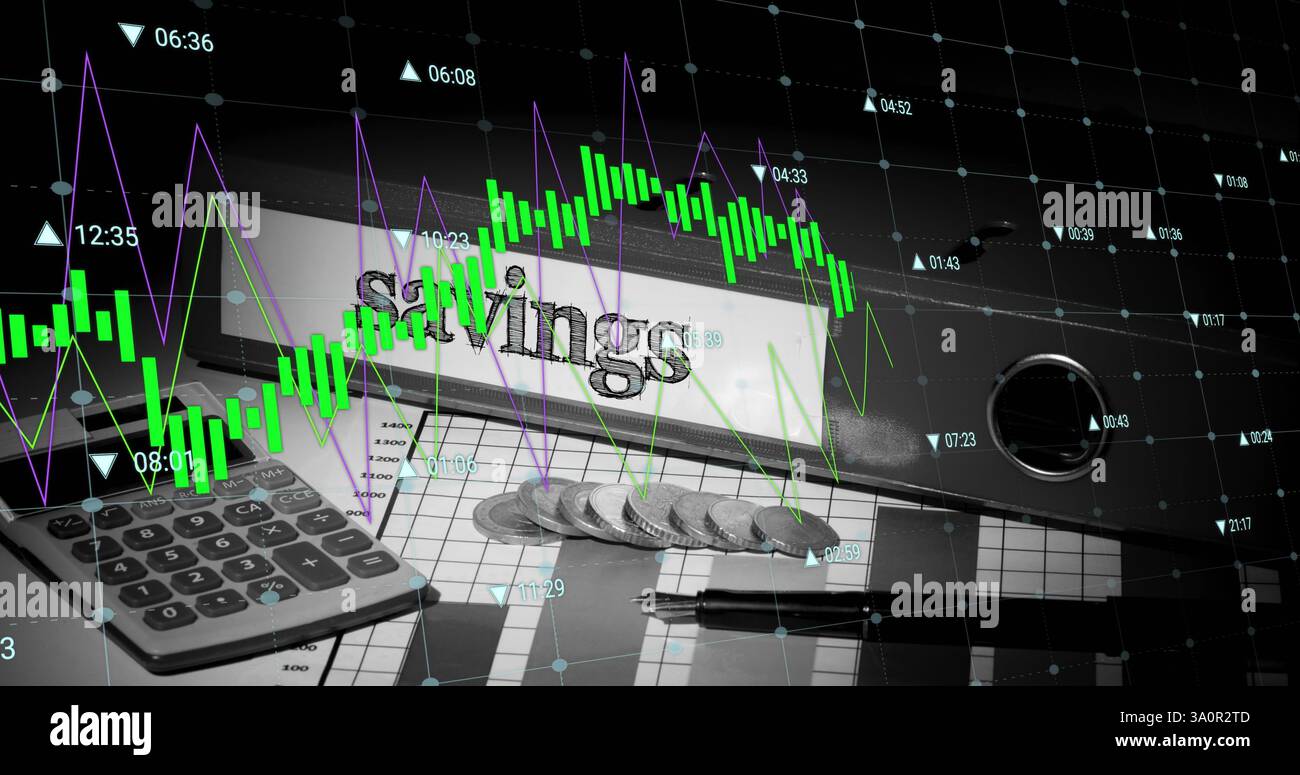 Image of financial data processing over money, calculator and files ...