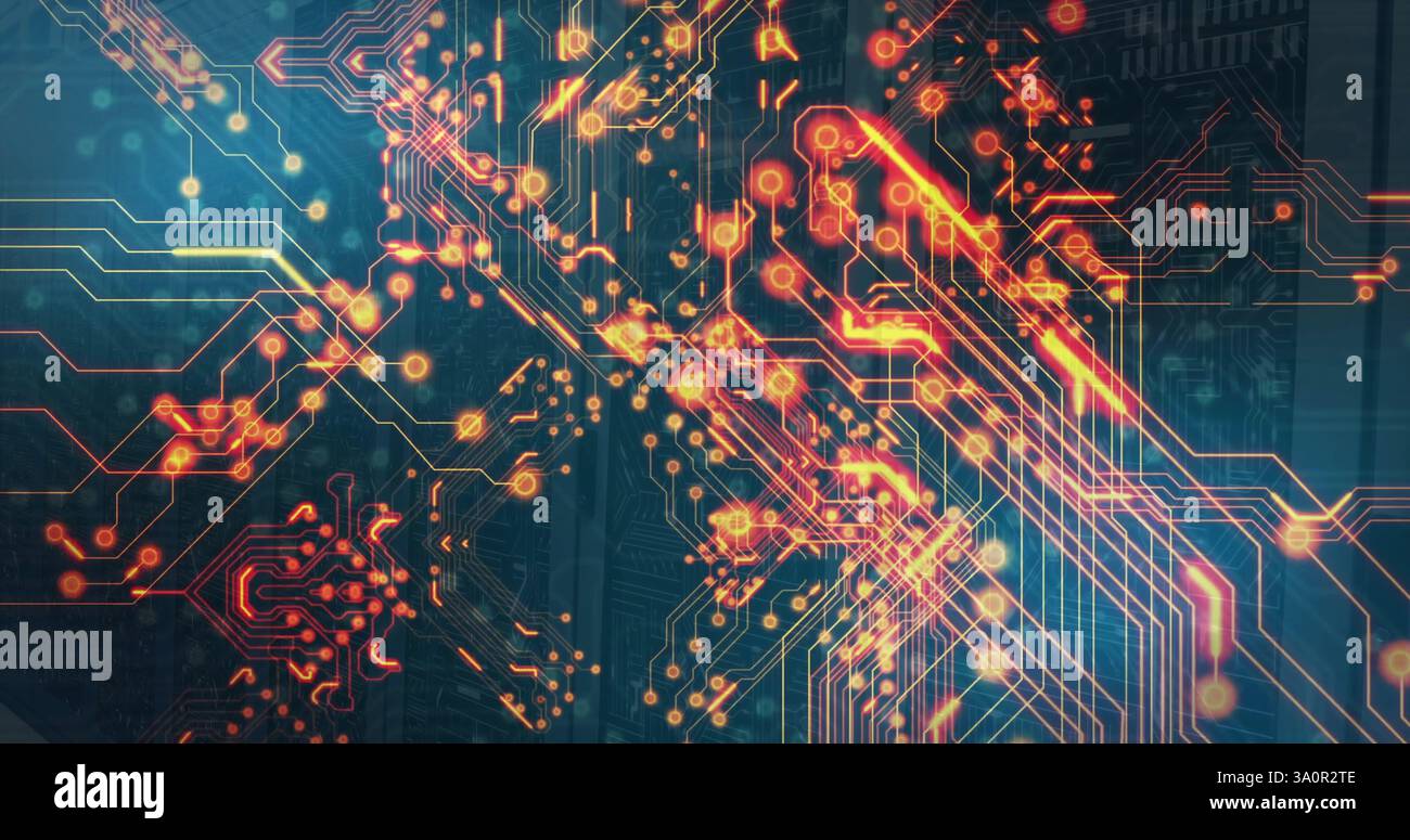 Image of digital data processing and circuit board over computer servers Stock Photo - Alamy
