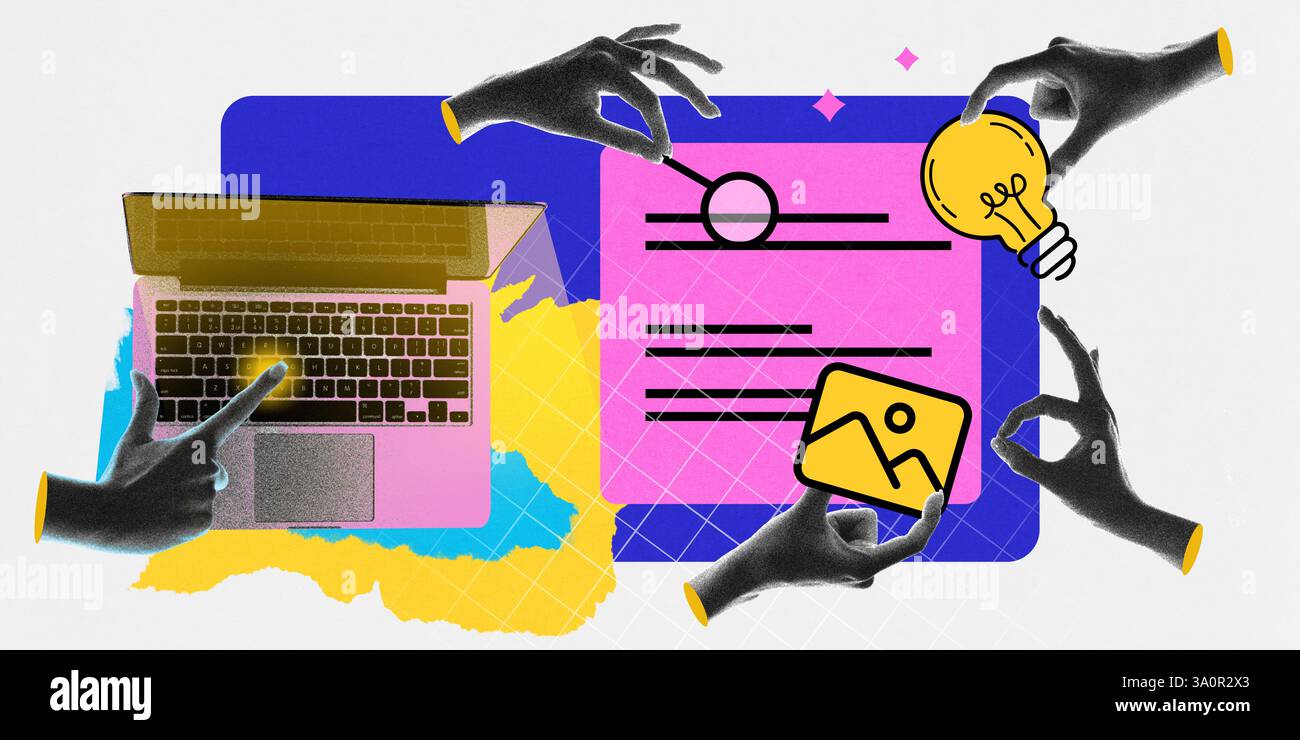 Content creation. Hands revise document with magnifying glass ...