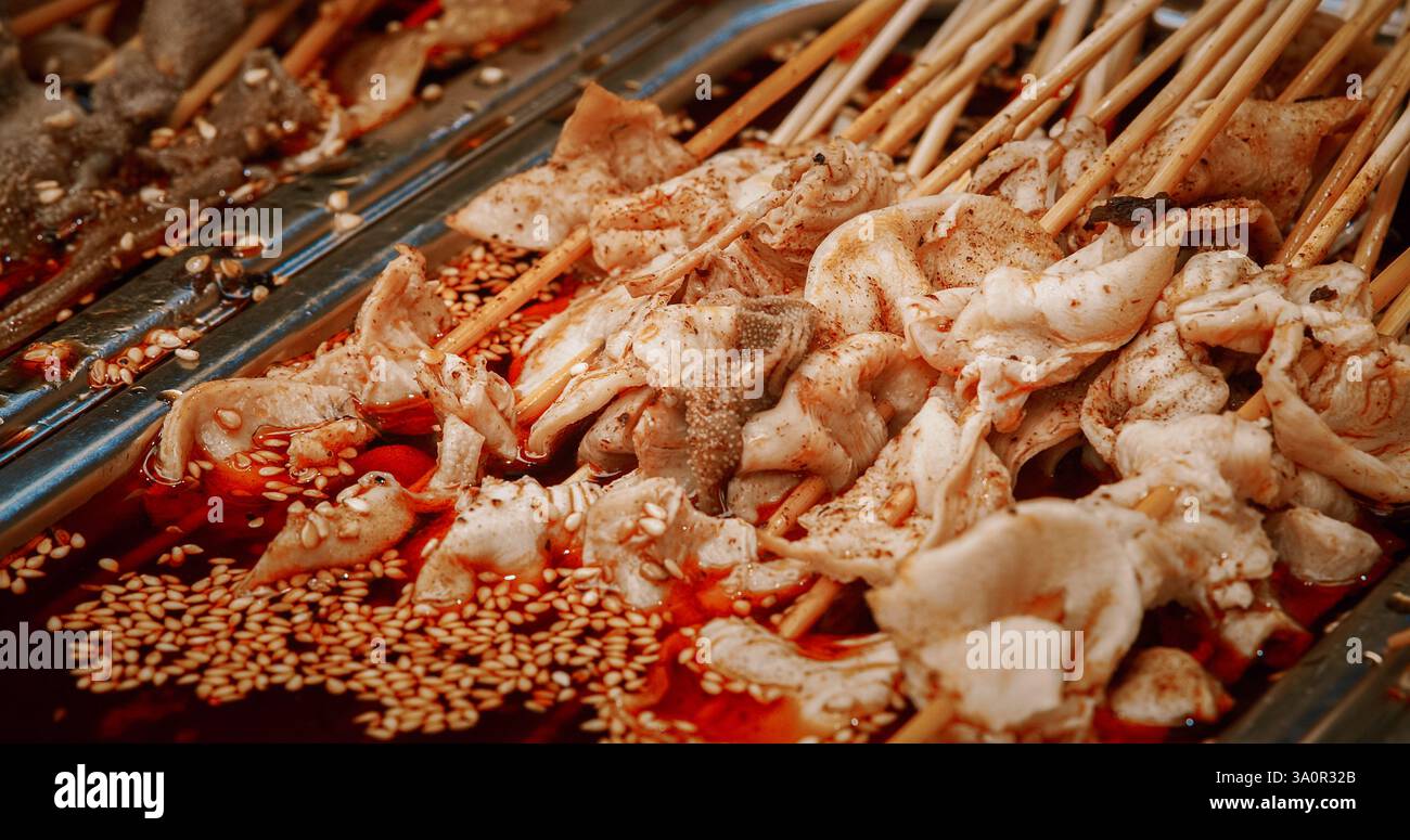 Chengdu, Sichuan, China. Beef Tripe On Skewers, close-up view. Tripe Is ...