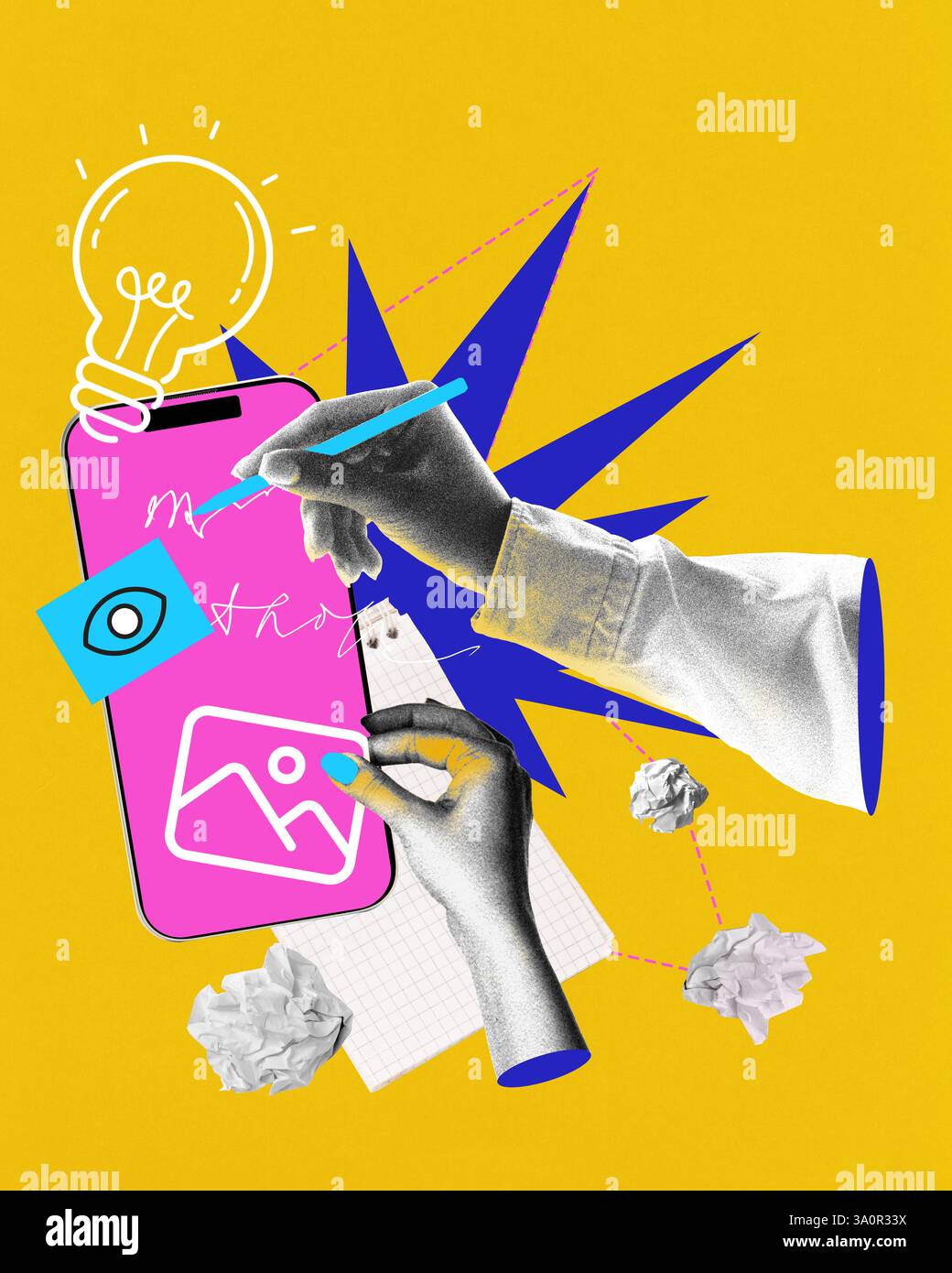 Creative process. Hands sketch on phone screen, lightbulb idea, eye ...