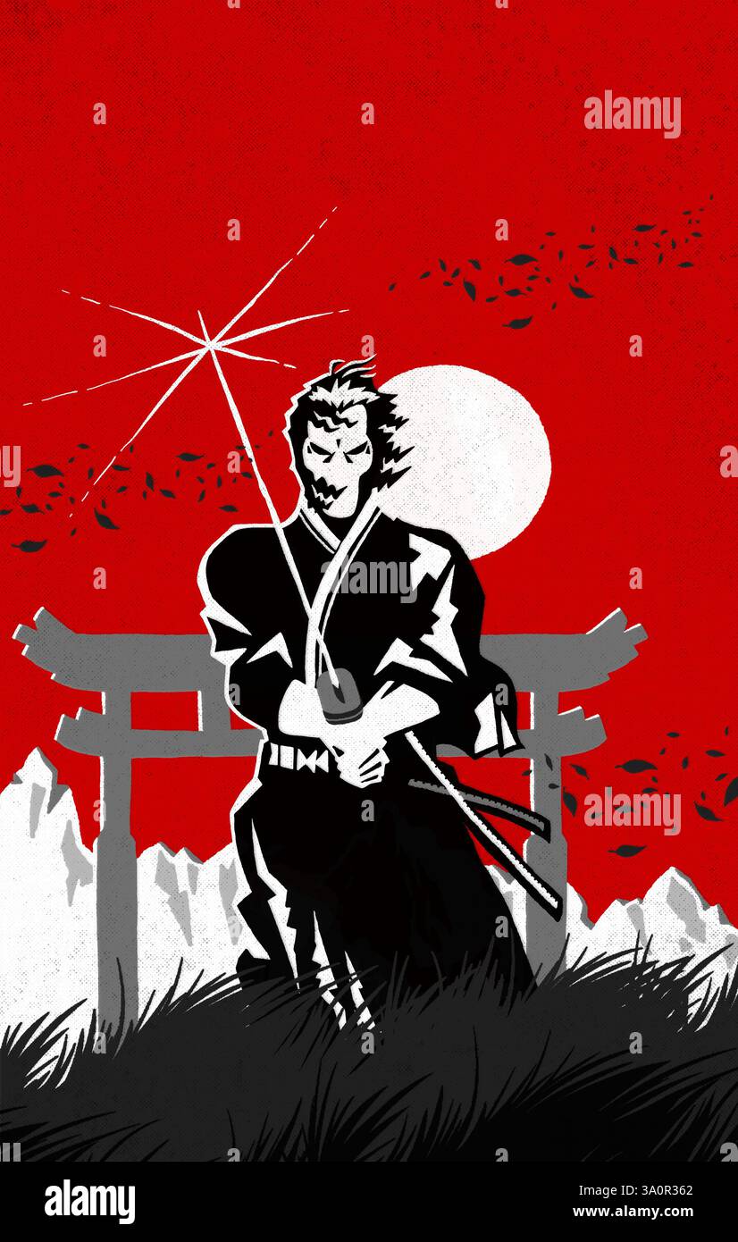 A Japanese Shogun stands poised, his katana raised high, ready for ...