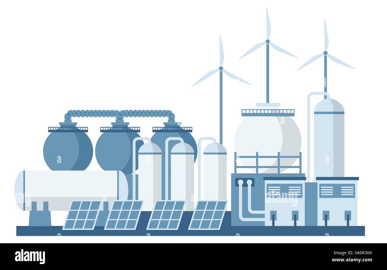 Green Hydrogen H2 Production from Renewable Energy Sources. Industrial Zone. Vector Illustration ...