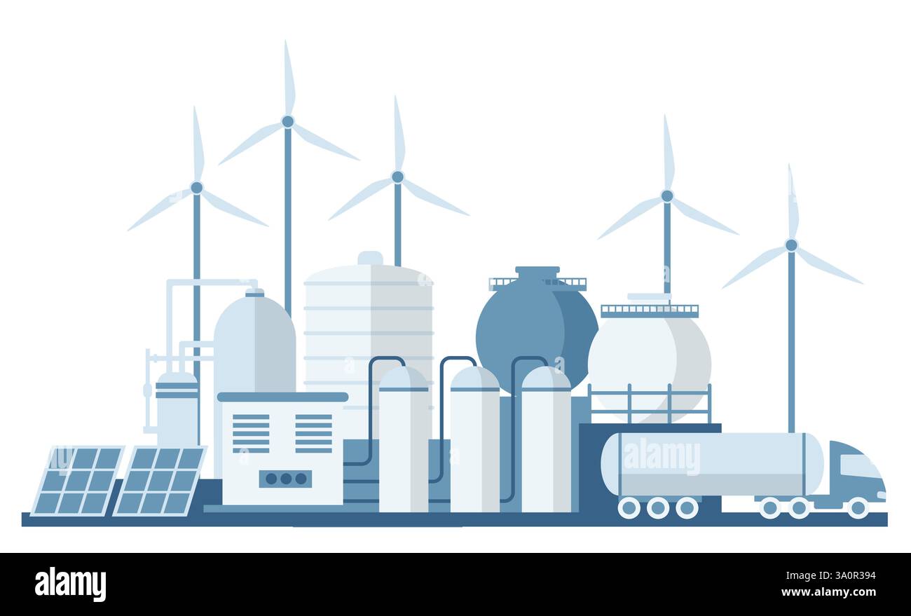 Green Hydrogen H2 Production from Renewable Energy Sources. Industrial Zone. Vector Illustration ...
