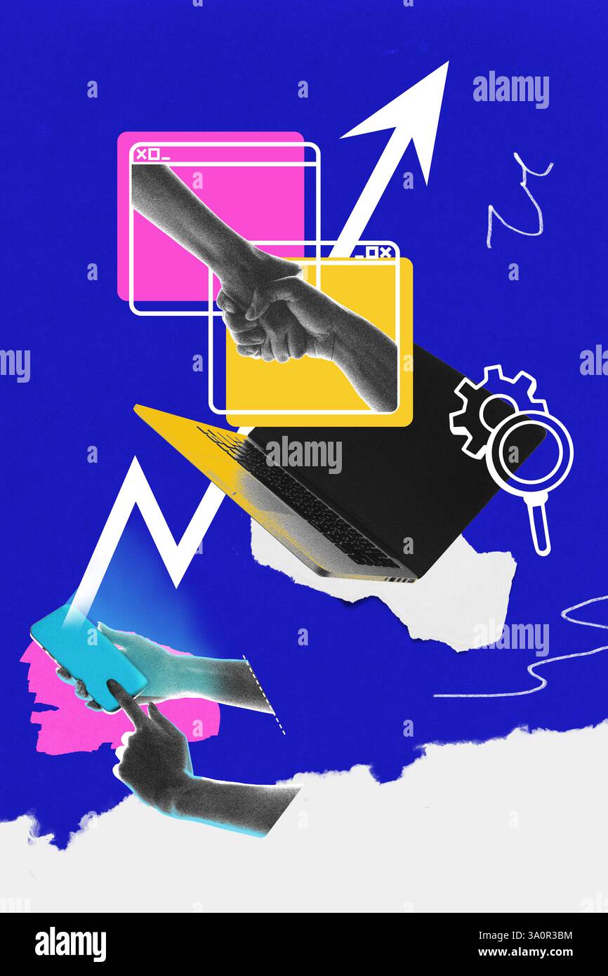 Partnership growth. Hands shake through digital windows, rising arrow ...