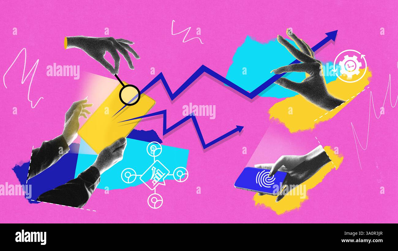 Data-driven optimization. Hands interact with graph lines, magnifying ...