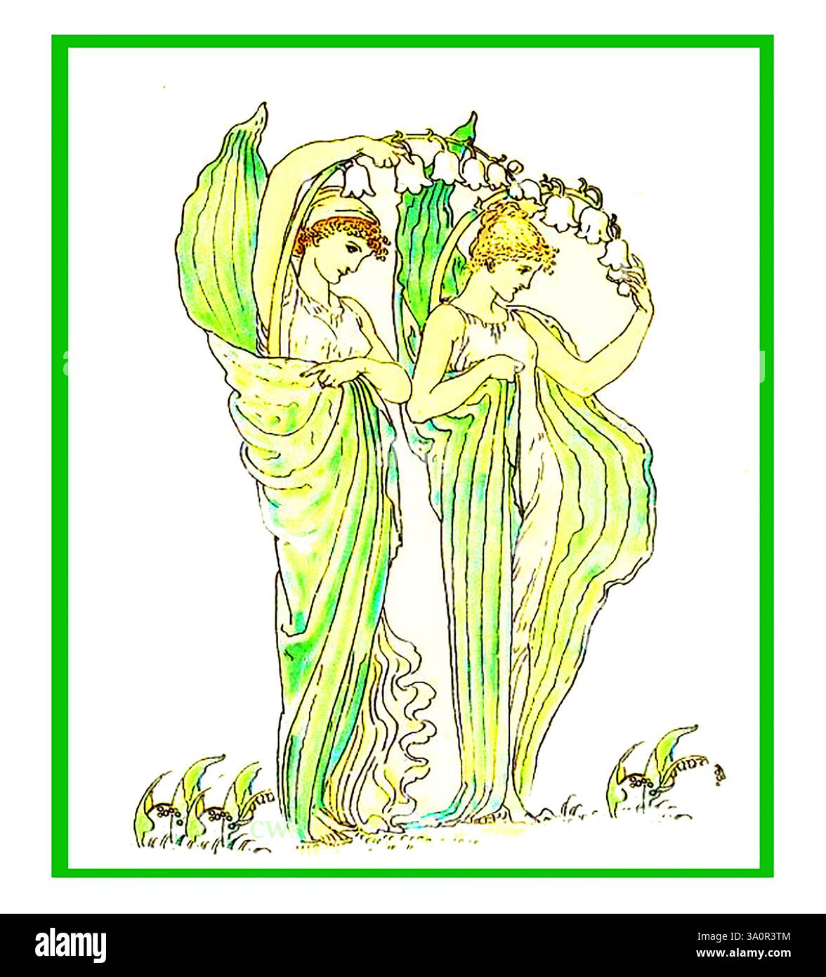 An old print depicting a personification of Lilly of the Valley flowers ...