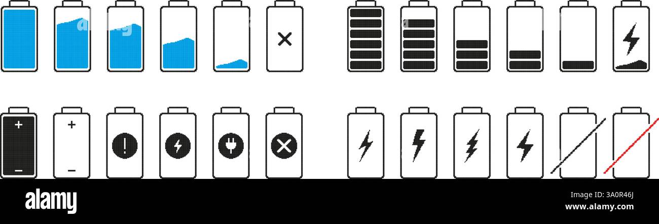 Battery Charge Levels And Status Icons Pixelated Icon Set. Pixel Art ...