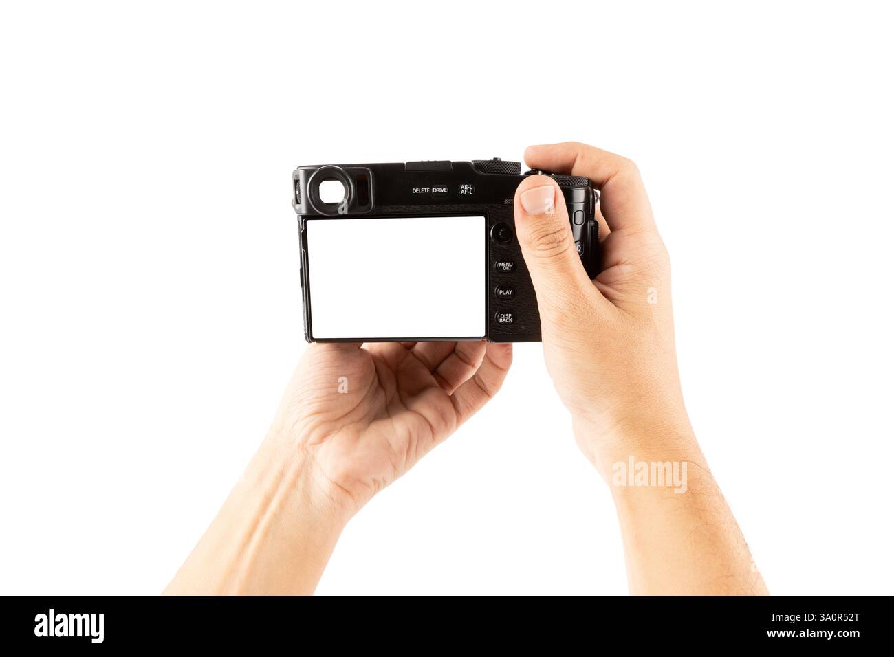 Male hands holding a photo camera with blanc screen isolated on white ...
