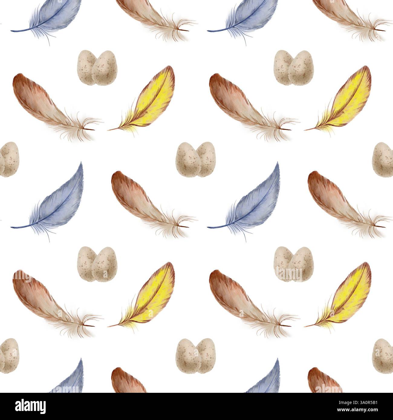 Easter seamless pattern,watercolor feathers in brown,yellow,blue and ...