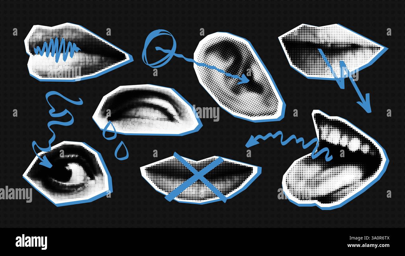 Contemporary art collage facial elements with doodles. Vector set of ...