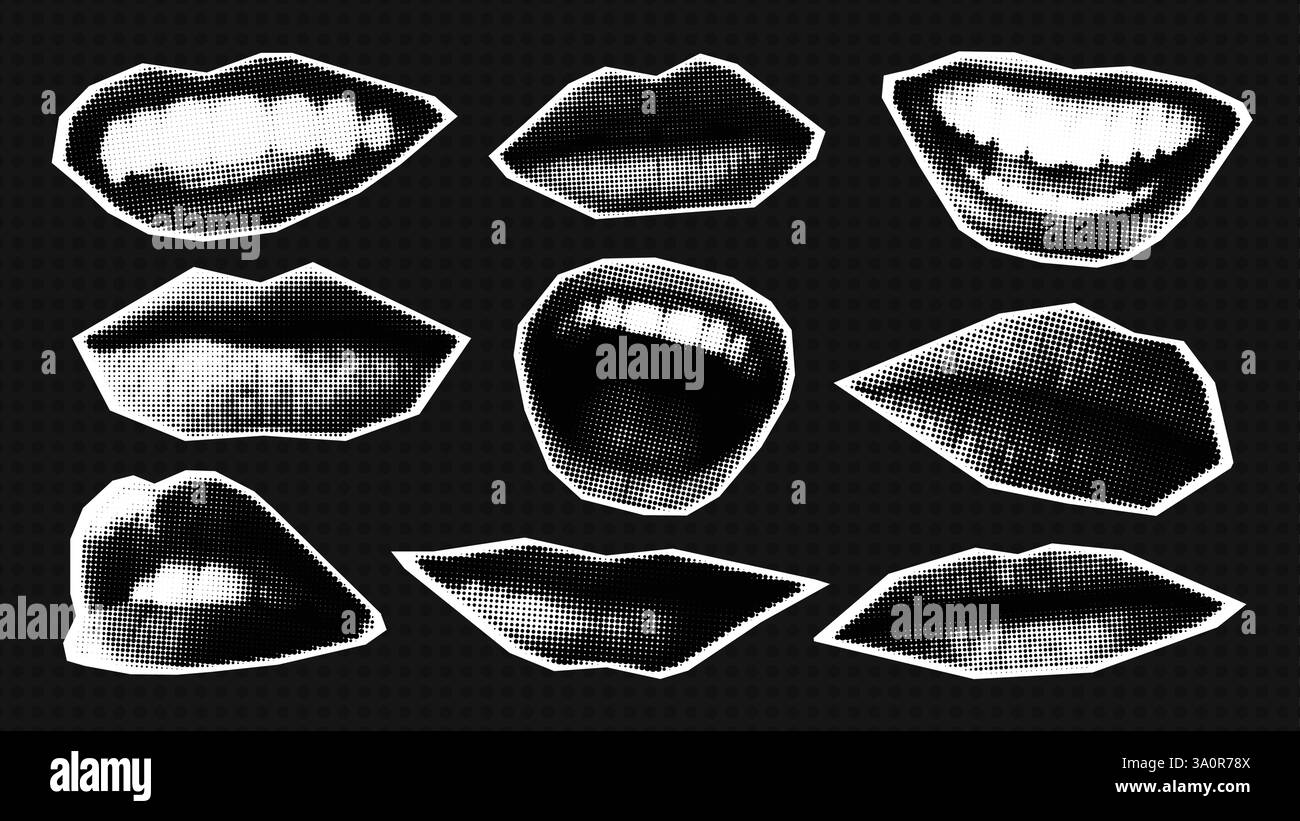Vector lips and screaming mouth with monochrome halftone effect. Grunge ...