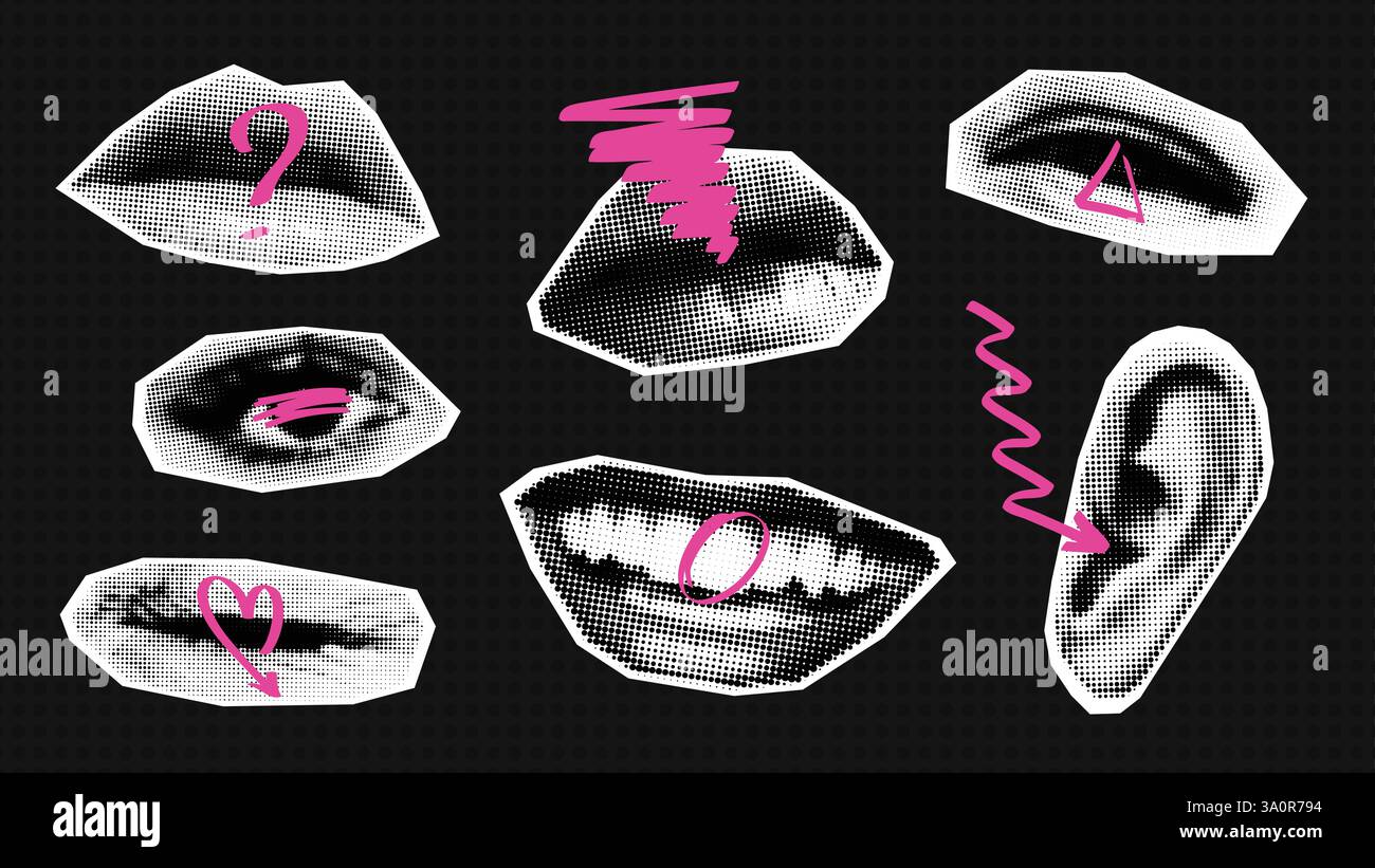 Contemporary art collage facial elements with doodles. Vector set of ...