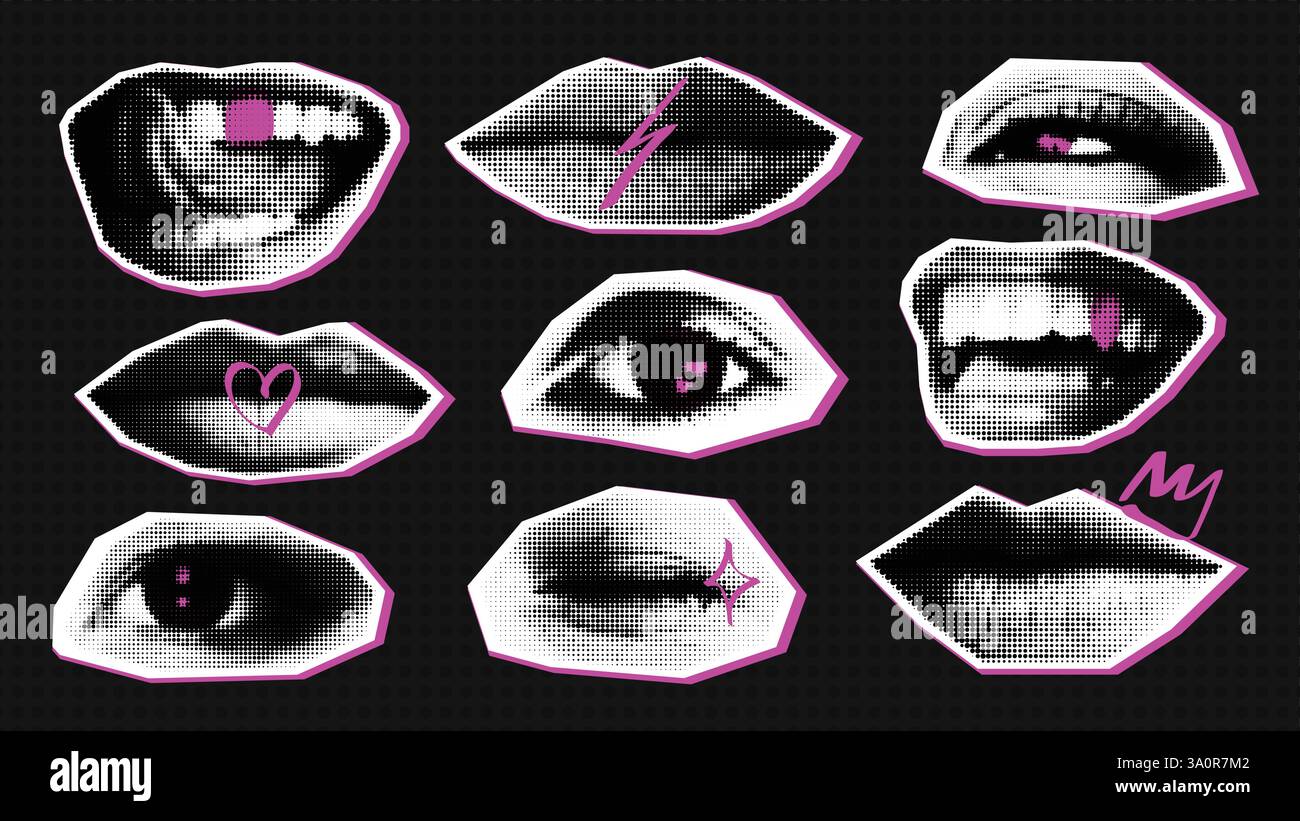 Contemporary art collage facial elements with doodles. Vector set of ...