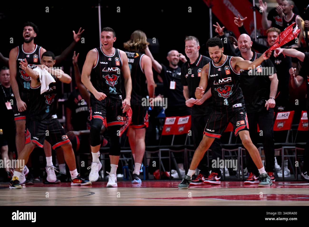 The Hawks bench celebrates during their win over the Phoenix in the NBL ...