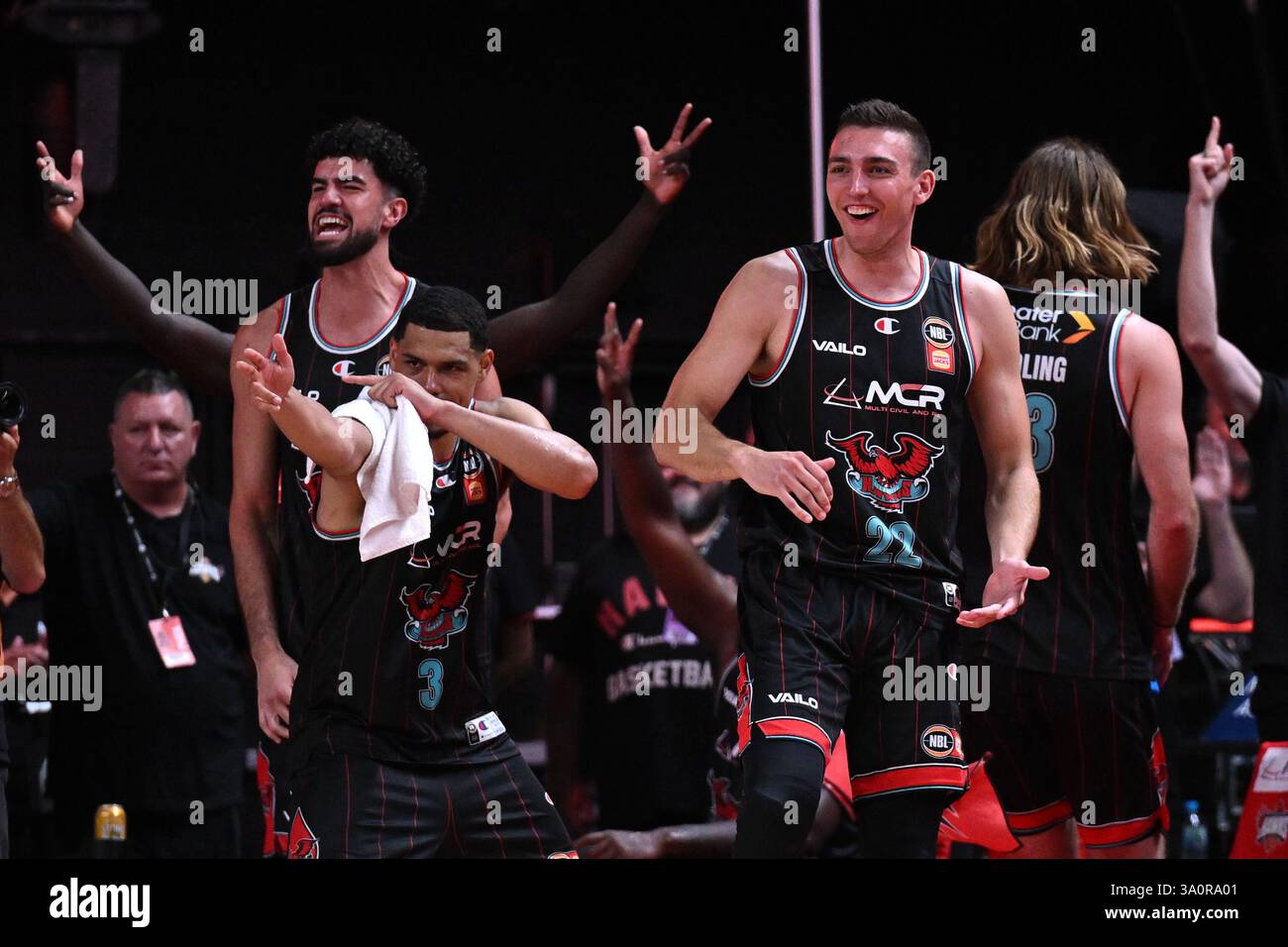 The Hawks bench celebrates during their win over the Phoenix in the NBL ...