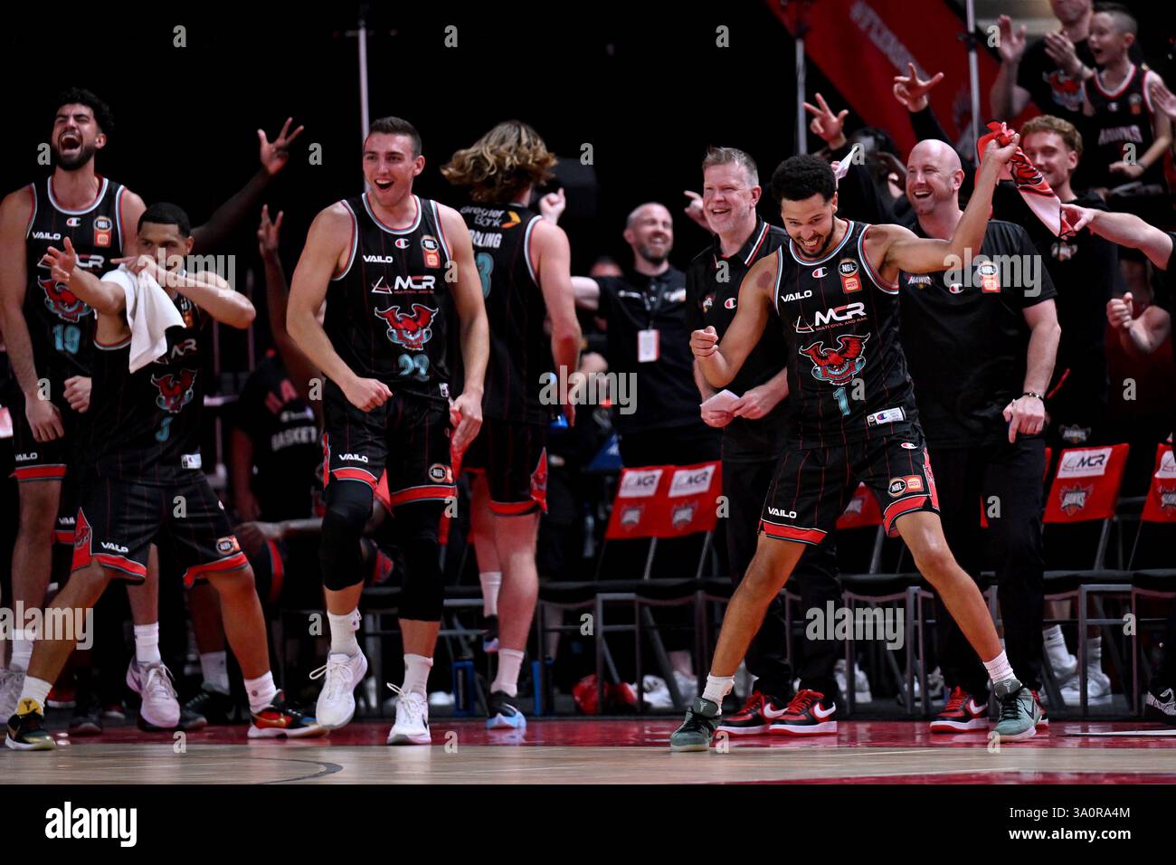 The Hawks bench celebrates during their win over the Phoenix in the NBL ...