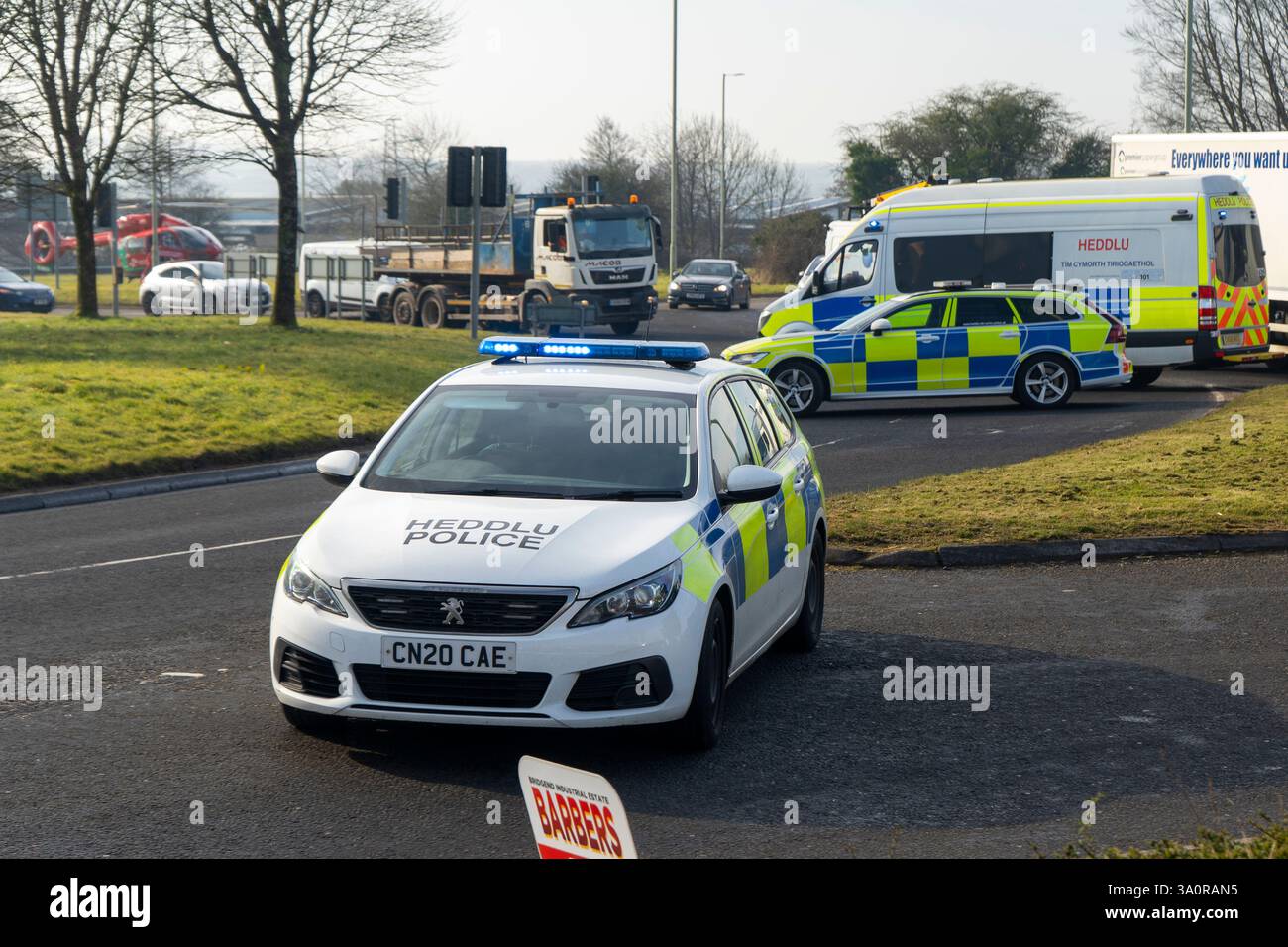 Bridgend, UK. 05th Mar, 2025. Road Traffic Incident on an A473 Roundabout in Bridgend, Wales on ...