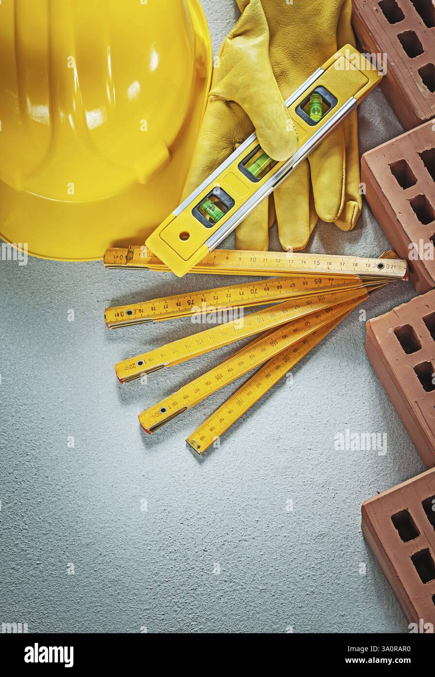 Construction level red bricks building helmet protective gloves wooden ...