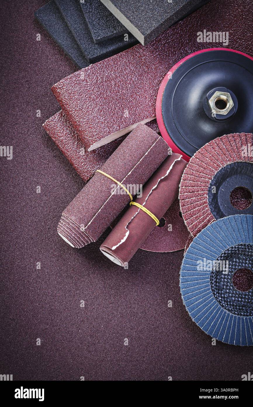 Collection of abrasive materials on polishing paper top view Stock ...