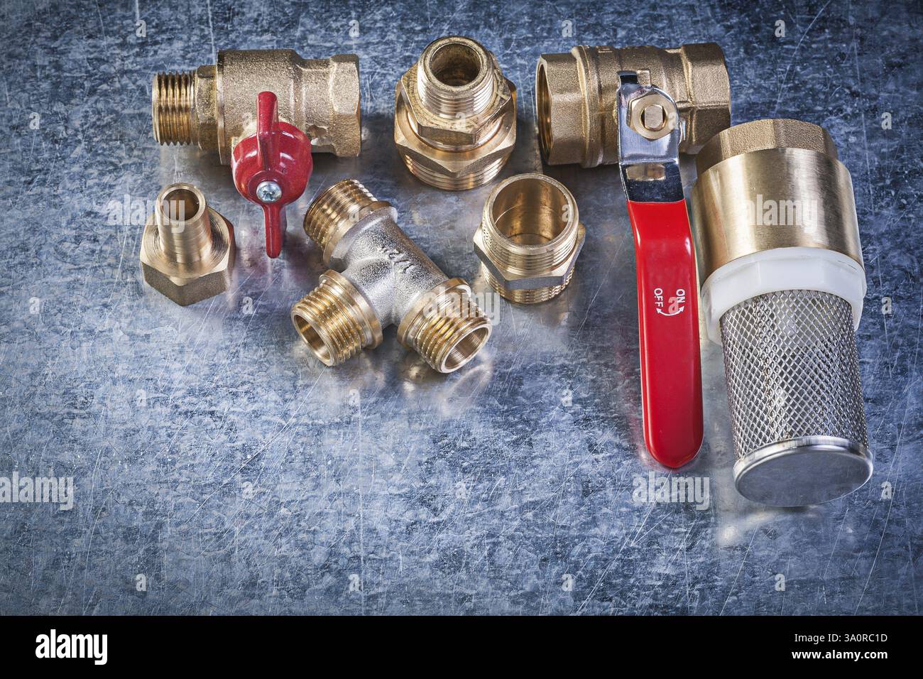 Brass lever ball valve pipe connectors strainer filter on metallic ...