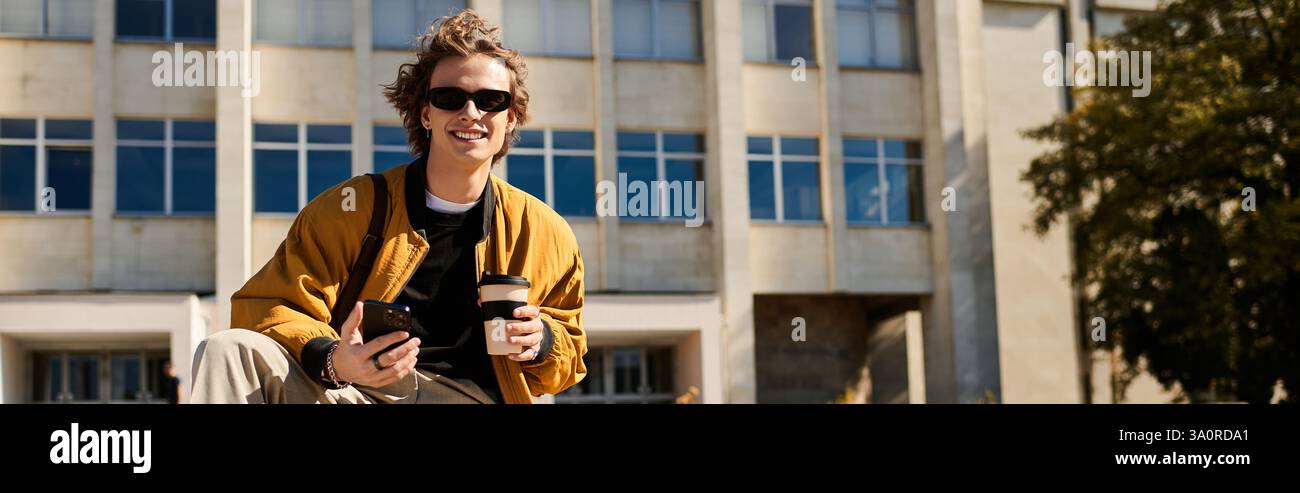Stylish young man enjoys a coffee break outside a modern campus ...
