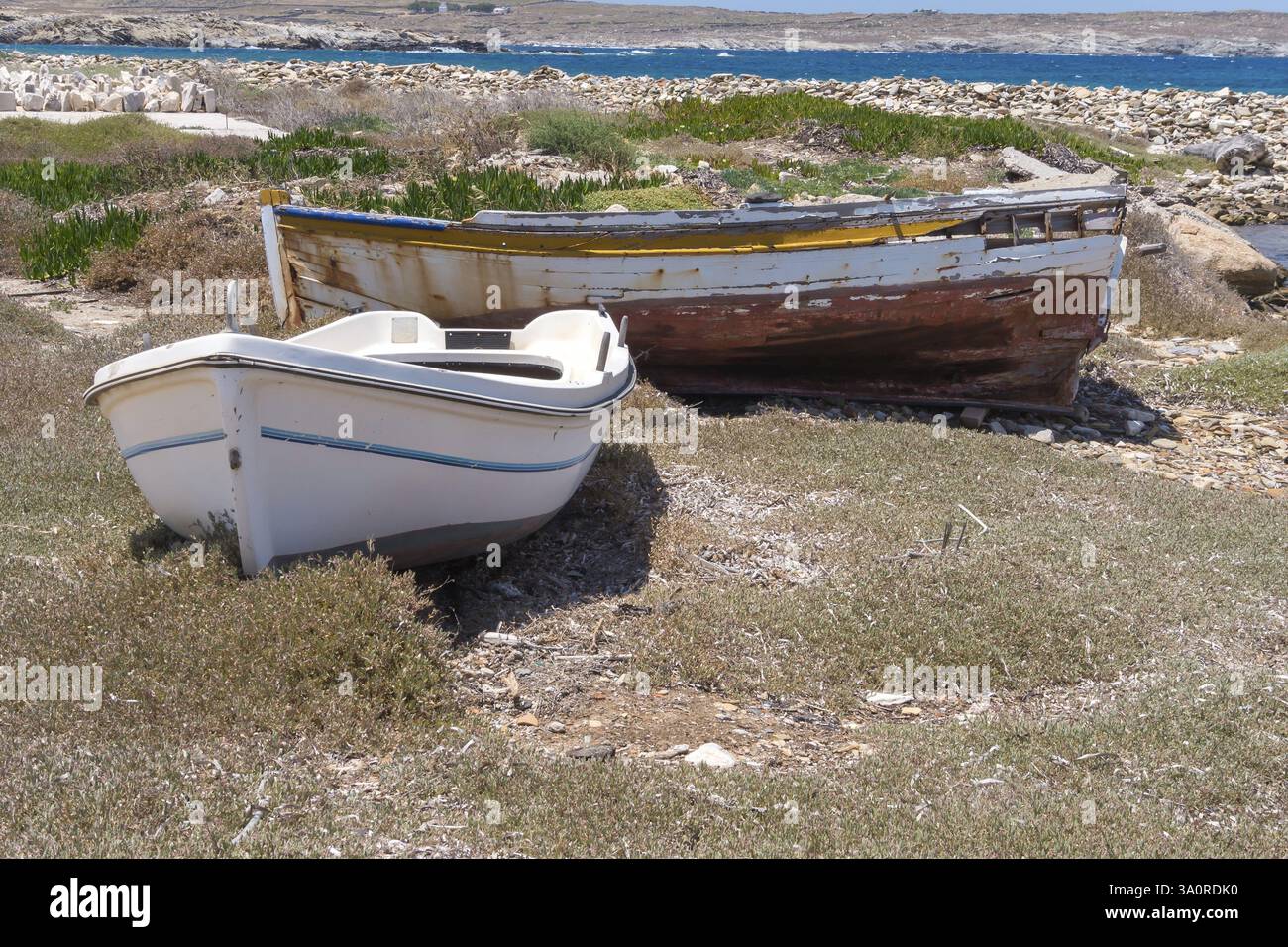 Boats on the beach, Delos, Cyclades, Greece, Europe Stock Photo - Alamy