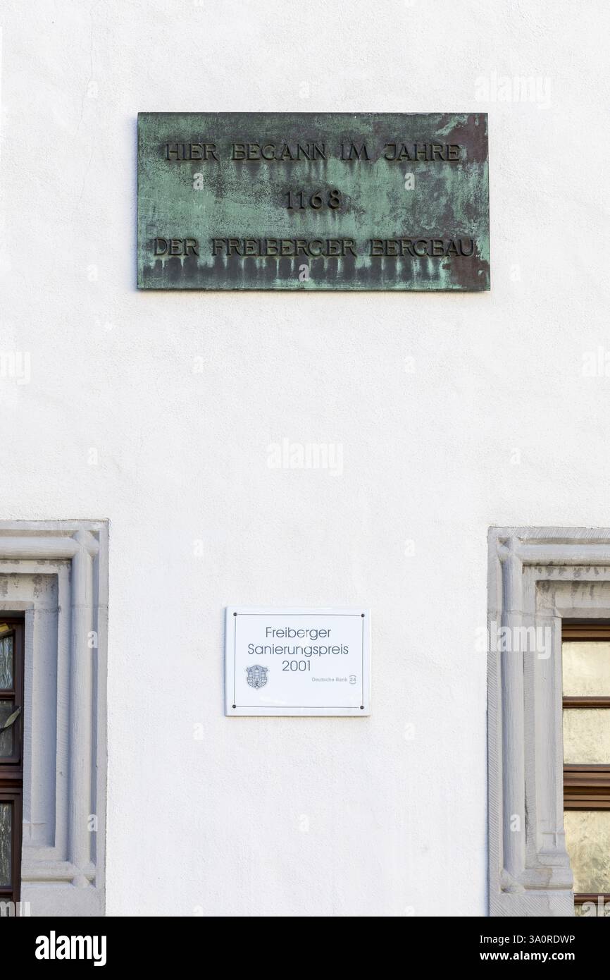 Inscription on the historic residential building in Berggasse, Freiberg ...