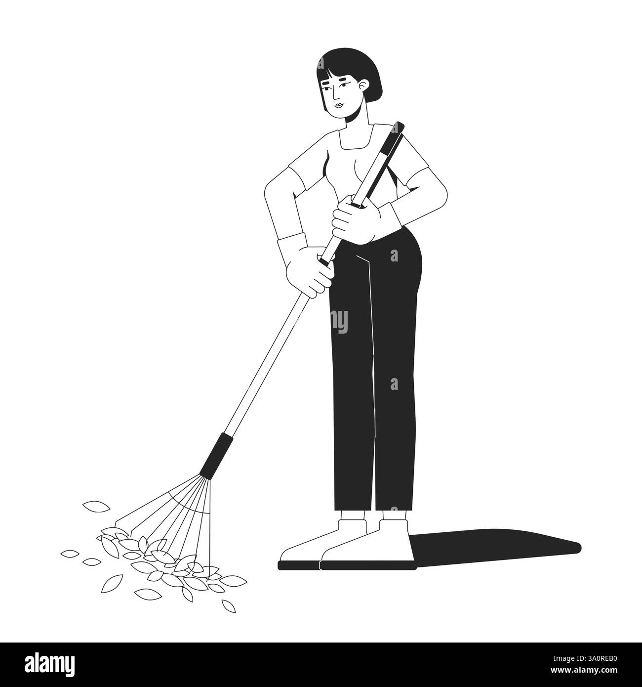 Asian woman raking leaves while wearing gloves 2D line character Stock ...