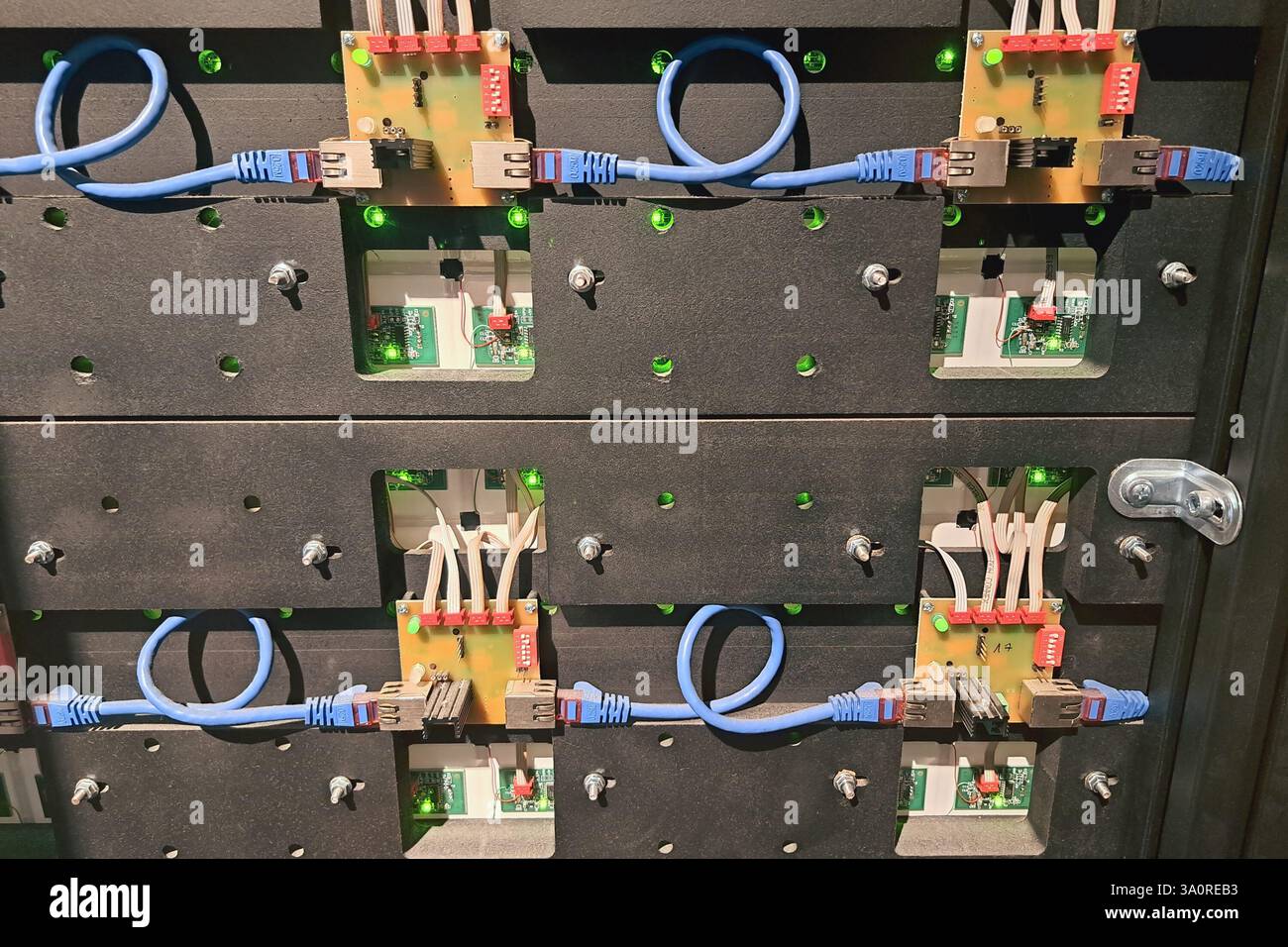 Electronic circuit board connections with blue Ethernet cables, green ...