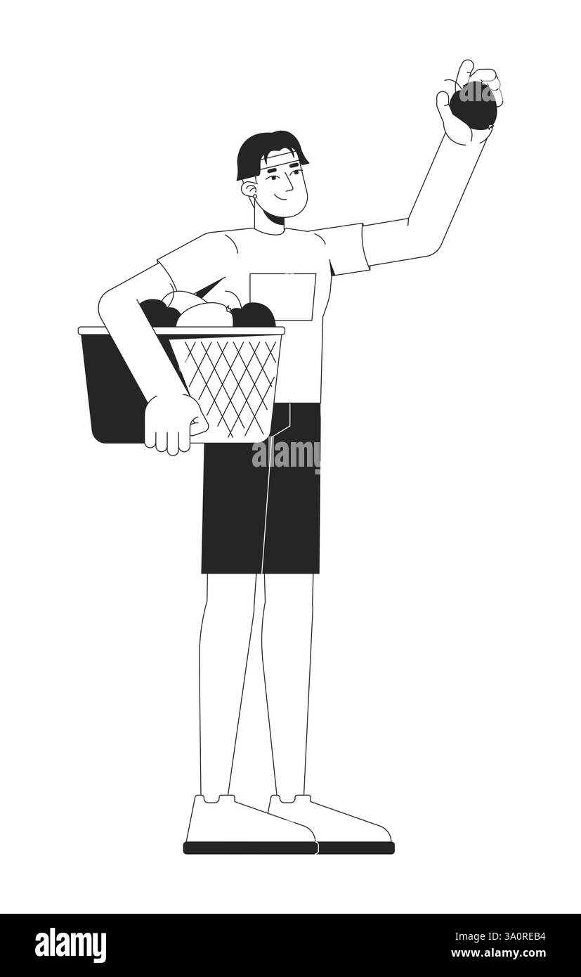Young korean man holding basket of freshly picked apples 2D line ...