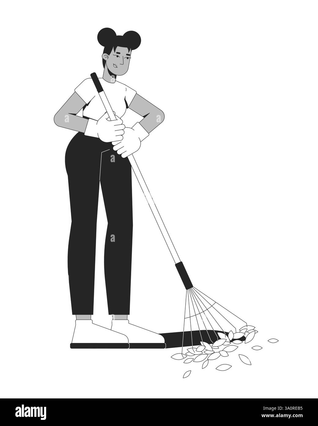 Black woman raking autumn fallen leaves into pile 2D line character ...