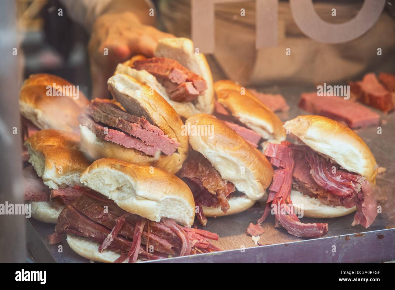 Salt beef bagels displayed at a bagel shop Beigel Bake of Brick Lane ...