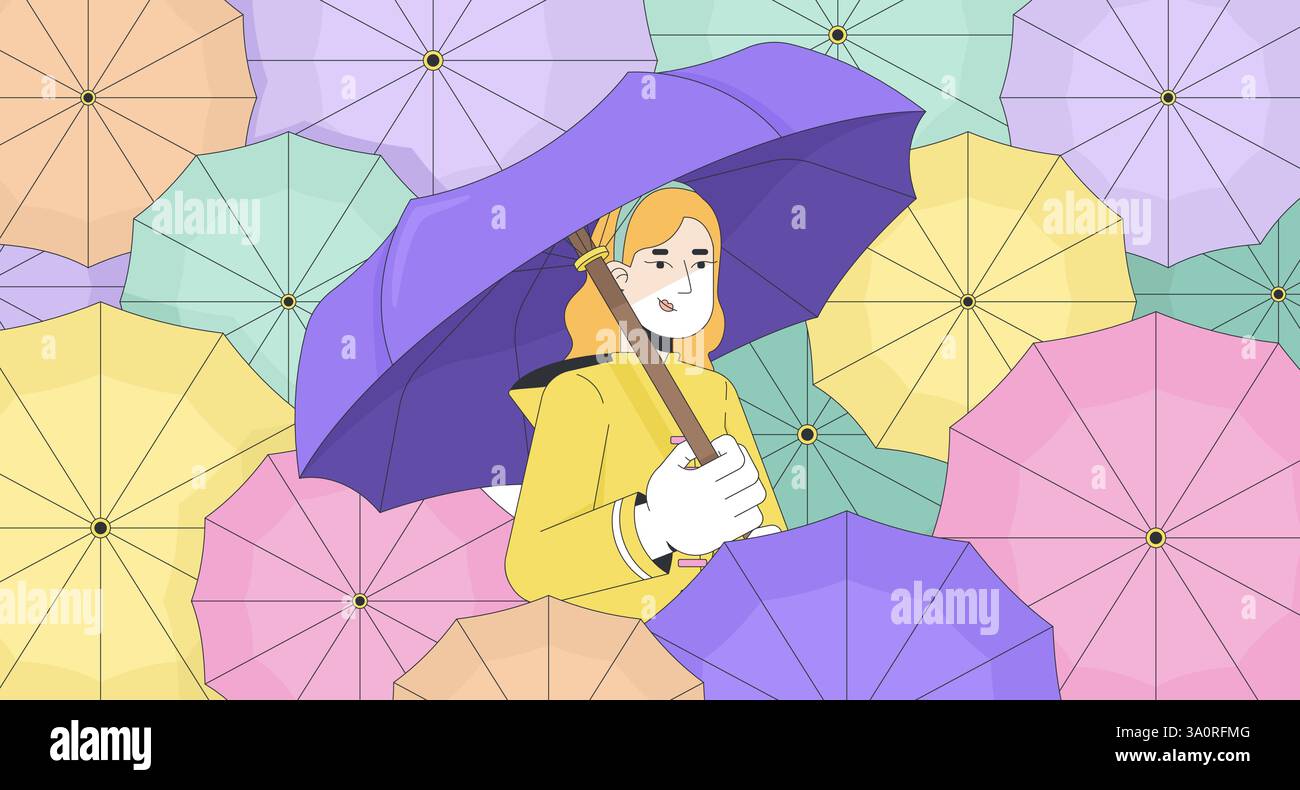 Raincoat woman with umbrella in parasols rain weather lofi wallpaper ...