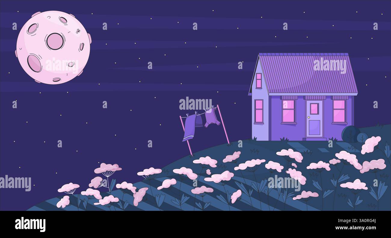 Tranquil night countryside with house and moon lofi wallpaper Stock ...