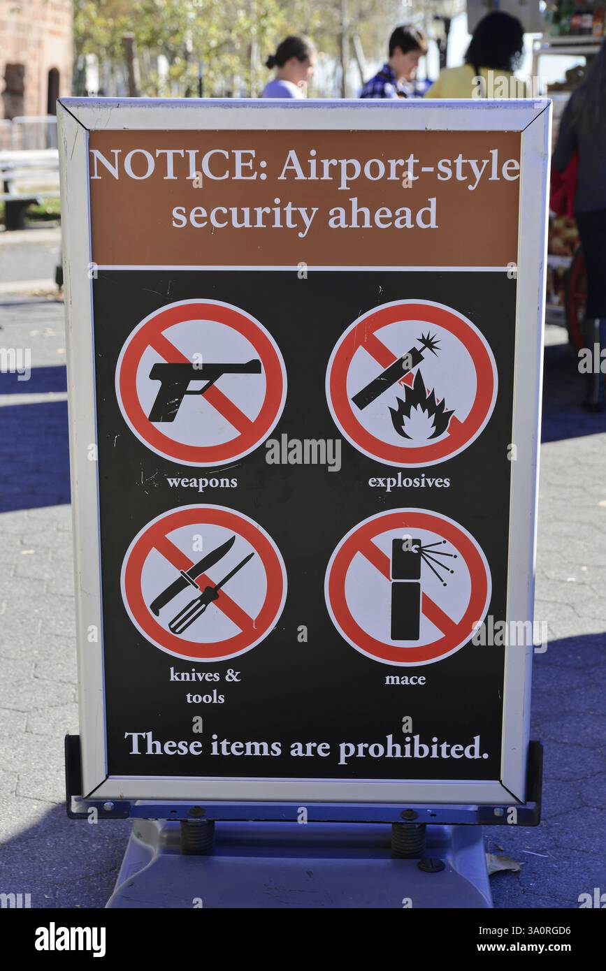 Airport security sign with prohibited items and symbols, New York ...