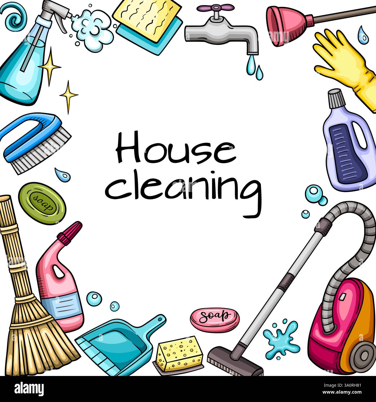 Hand drawn doodle background with house cleaning tools. Vector ...