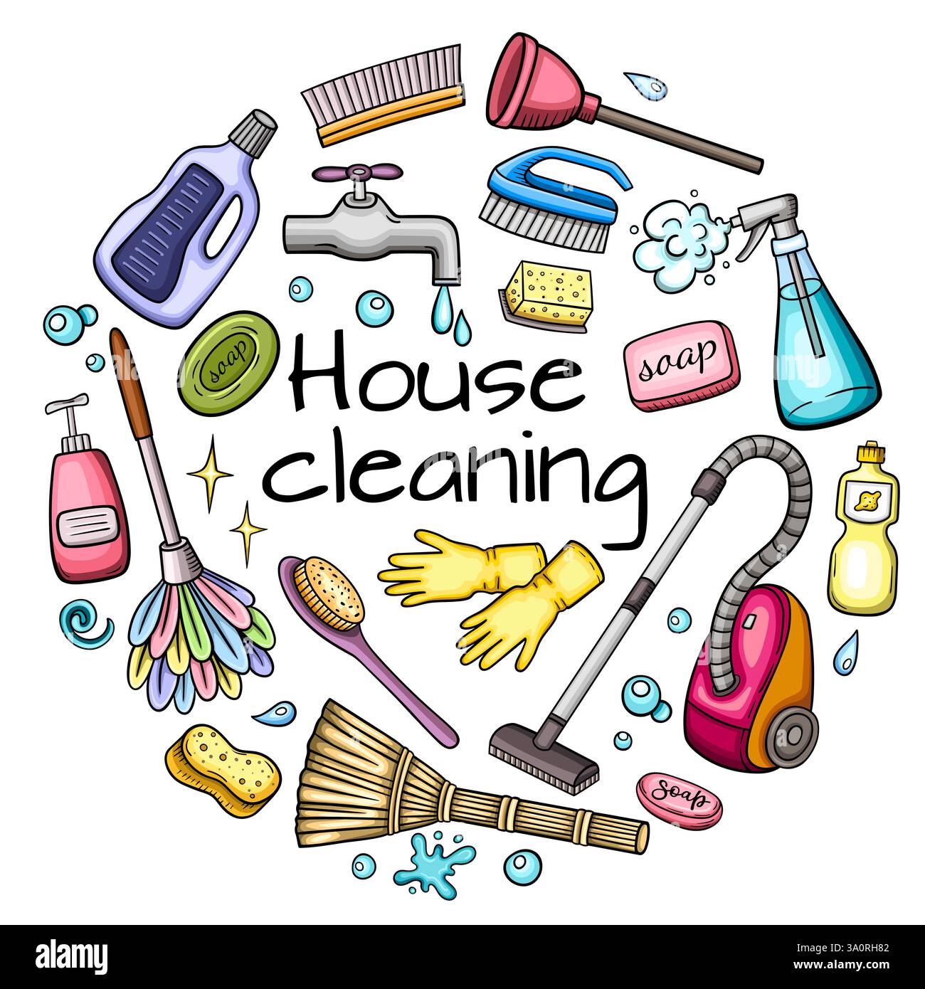 Hand drawn doodle house cleaning round banner. Cleaning service. Vector ...