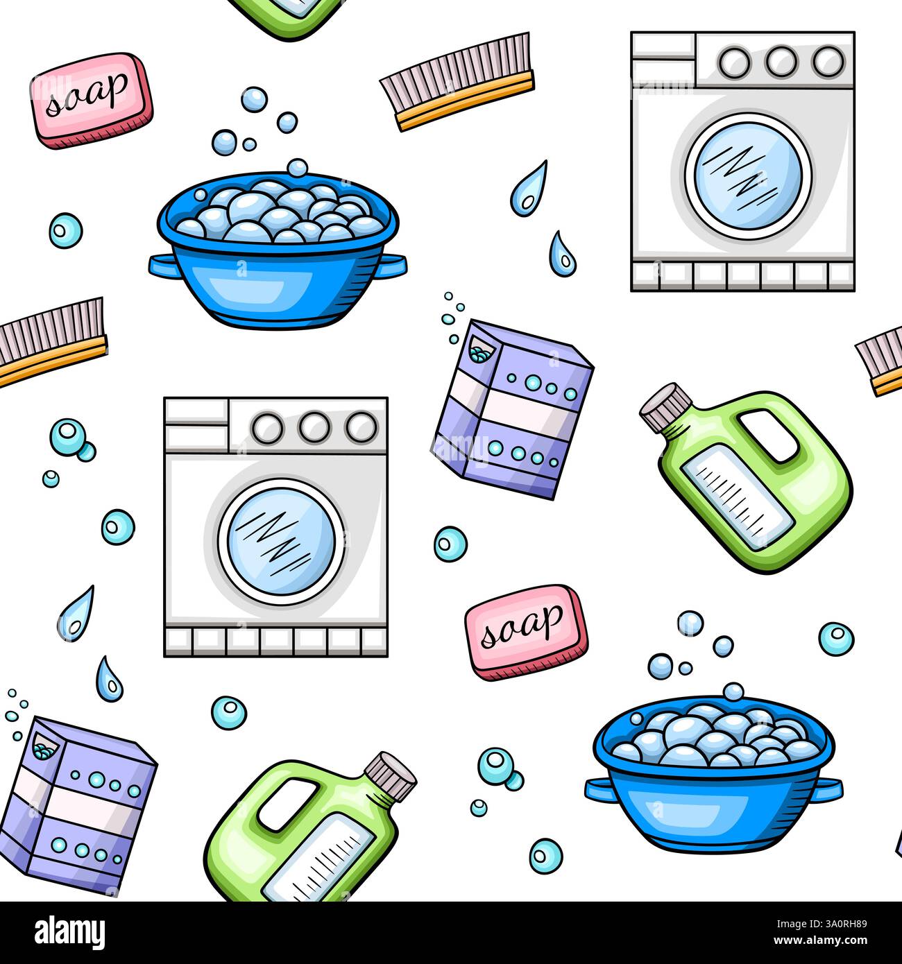 Seamless pattern with cleaning tools, washing machine and detergents ...