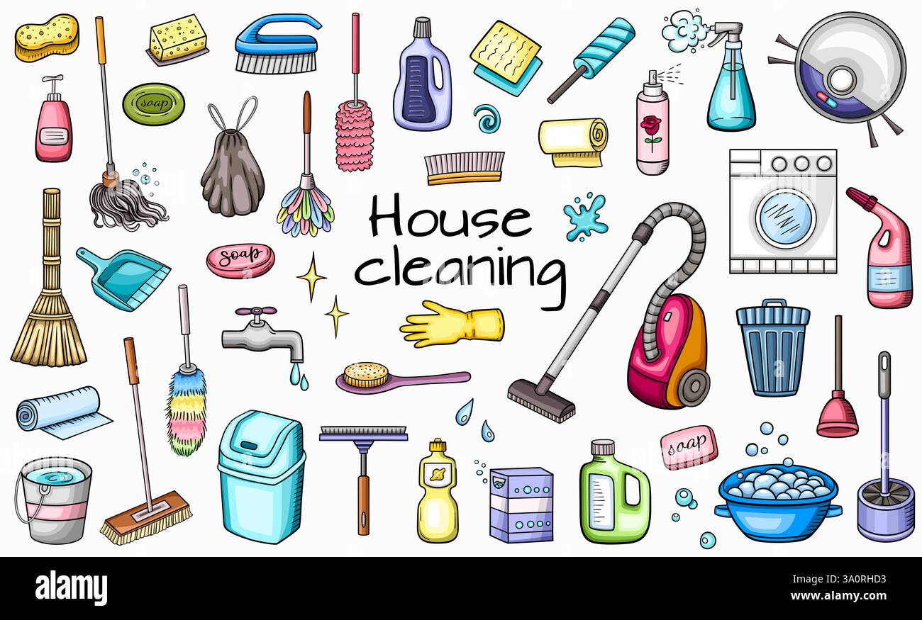 Hand drawn vector doodle set of cleaning tools on a white background ...