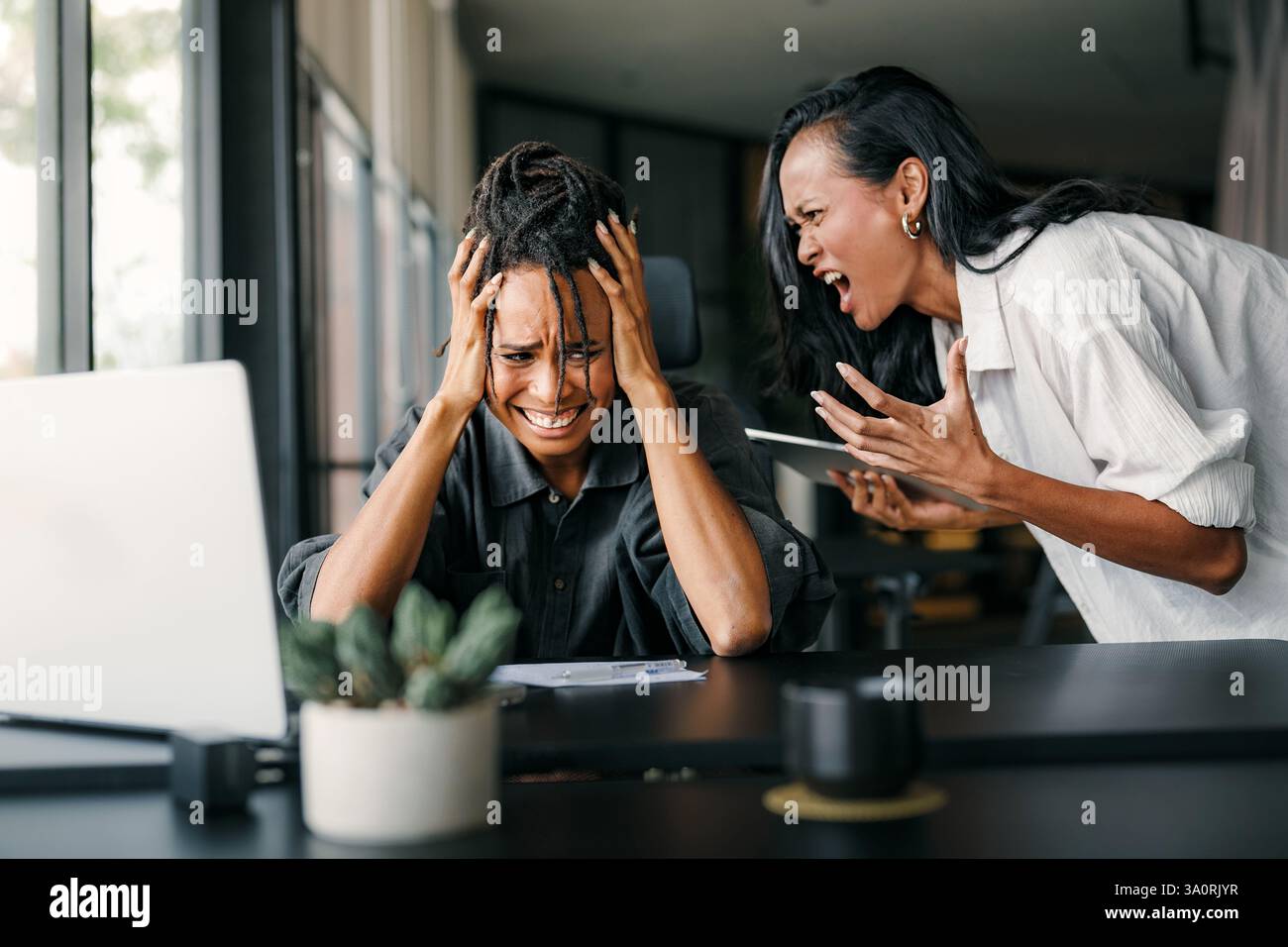 Boss shouting at frustrated worker, bullying and emotional abuse at ...
