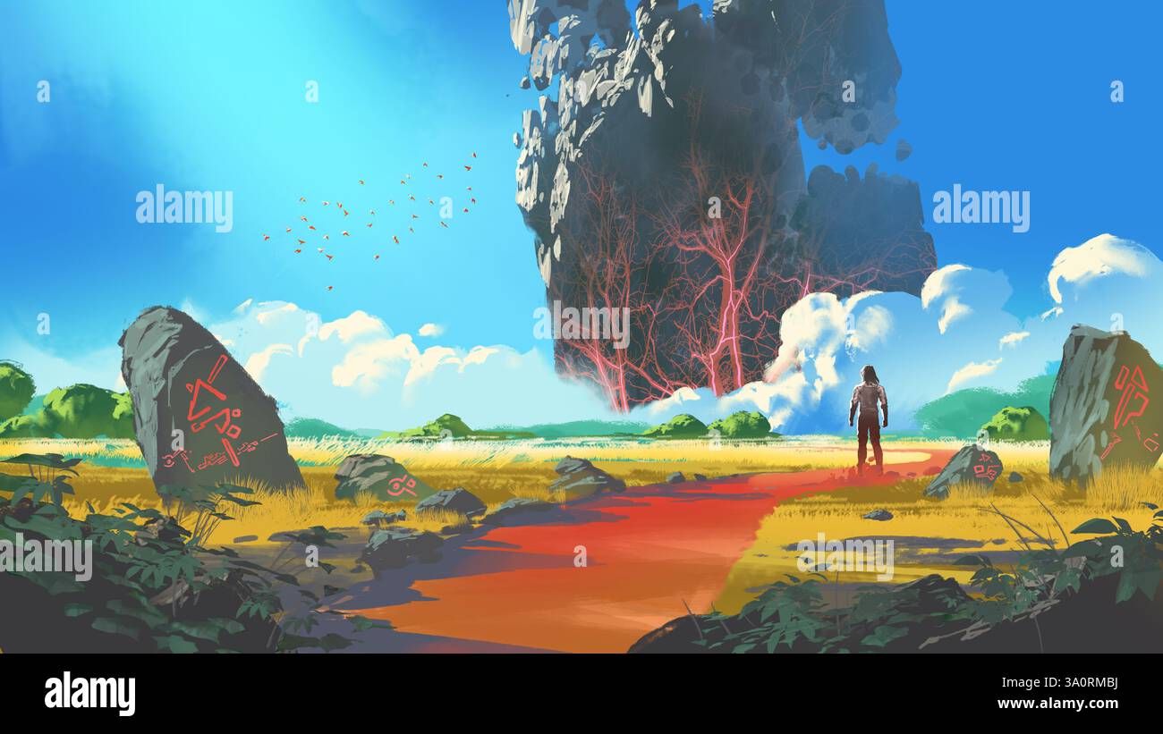 A traveler gazes at a massive floating rock formation with glowing red ...