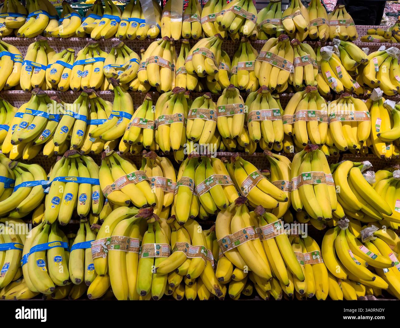Germany Berlin February 19, 2025 A bunch of bananas are stacked on top ...